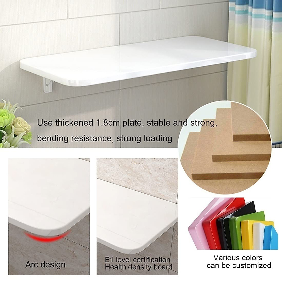 Laundry Folding Table, Wood Wall Mounted Table, Bracket Heavy Duty Stable Sturdy Wall Table, Floating Folding Table, Sturdy Hanging Table for Apartment, Study, Bedroom Kitchen Room Restaurant ( Color