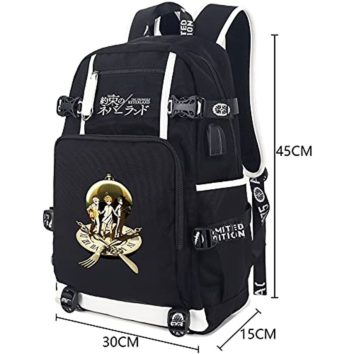 Roffatide Anime The Promised Neverland Backpack Printed Schoolbag Laptop Daypack with USB Charging Port & Headphone Port Black