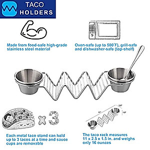 Upgrade Taco Shell Stand Up Holders- 2 Pack Premium Stainless Steel Taco Tray with 4 Salad Cups & 2 Spoons,Holds 3 Tacos Each Keeping Shells Upright & Neat
