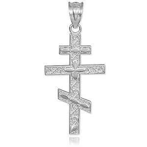 10k White Gold Russian Orthodox Cross Pendant