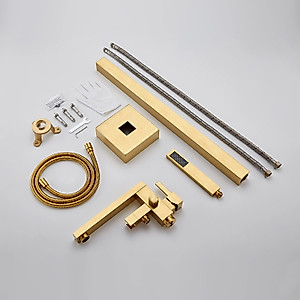 Wowkk Freestanding Bathtub Faucet Tub Filler Brushed Gold Floor Mount Bathroom Faucets Brass Single Handle with Hand Shower