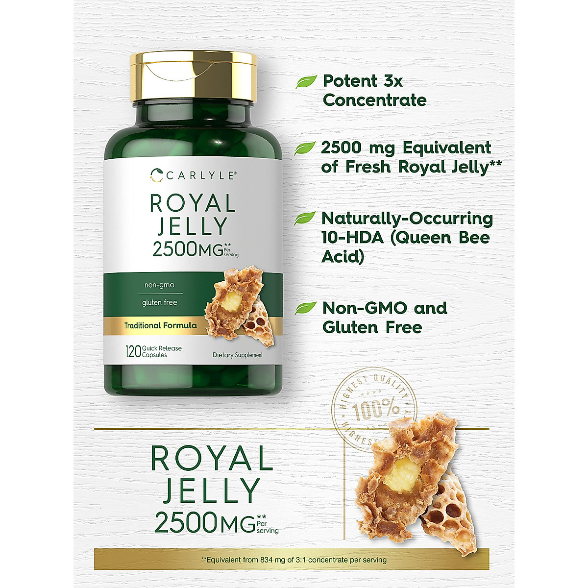 Carlyle Royal Jelly Capsule | 2500mg | 120 count | Non-GMO and Gluten Free Formula | Traditional Supplement