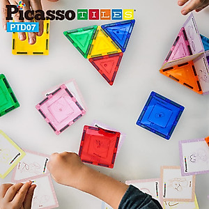 PicassoTiles Magnetic Building Tiles Learning Set with Animal, Food and Letters Card Magnet Block Combo Set Attachable Magnify STEM Educational Construction Set for Boys & Girls Ages 3+