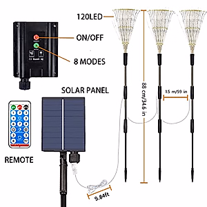 Upgrated 3 Pack Solar Garden Path Lights with Remote, 120 LED Solar Firework String Lights Outdoor, 8 Modes Landscape Stake Lights for Walkway Backyard Patio Christmas Wedding Party (Warm White)
