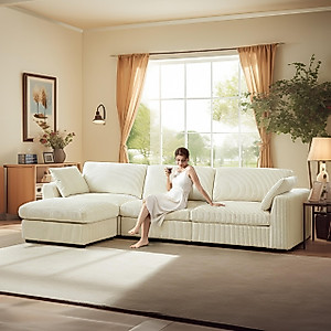 HOLYFIND Oversized Sectional Sofa,L Shaped Couch for Living Room,Modern Corduroy Modular Sofa,Deep 4 Seat Sofa Sleeper with Moveable Ottoman and Two Pillows (L Shape Sofa/Beige)