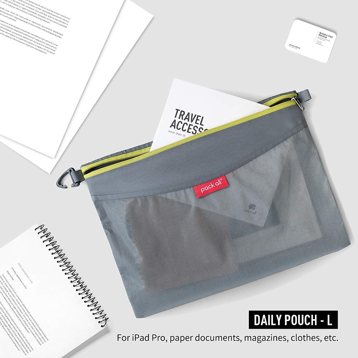 pack all Water-resistant Material Zipper Pouch, Mesh Zipper Bags for Storage, Travel, Office (Gray, Large)