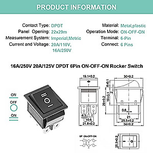 2Pcs DPDT 6 Pins 3 Position ON/Off/ON Black Rocker Toggle Switch for Car and Boat AC 20A/125V 16A/250V KCD2 by QTEATAK