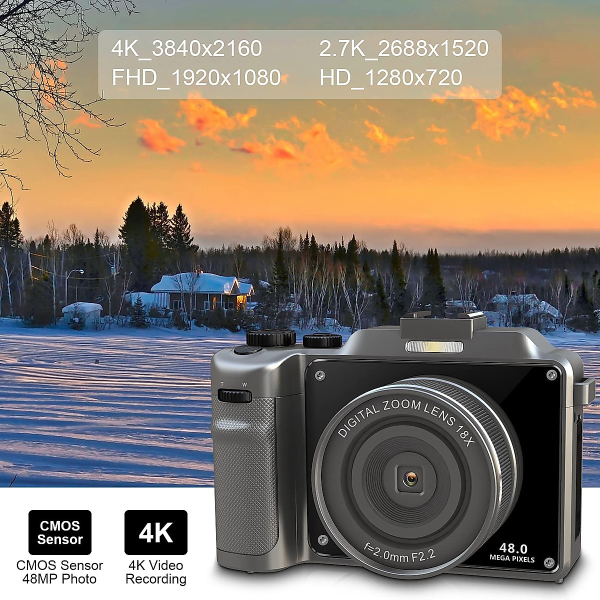 Digital Camera,4K Cameras for Photography,18X Digital Zoom,2 Batteries,32G TF Card,AutoFocus,Anti-Shake,Dual Camera,48MP Vlogging Camera for YouTube,Live Stream,Beginners Gray