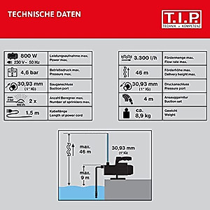 T.I.P. 30094 Clean Jet 1000 Plus Stainless Steel Garden Pump with 4 m Suction Set, up to 3300 l/h Flow Rate