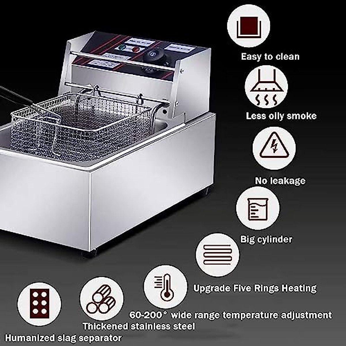 Small Deep Fat Fryer With Countertop Fryers Stainless Steel French Fries Electric Deep Fryers 10 Liter, Viewing Window, Countertop Fryer, 60-200°C Adjustable Temperature Control, Safety Handle