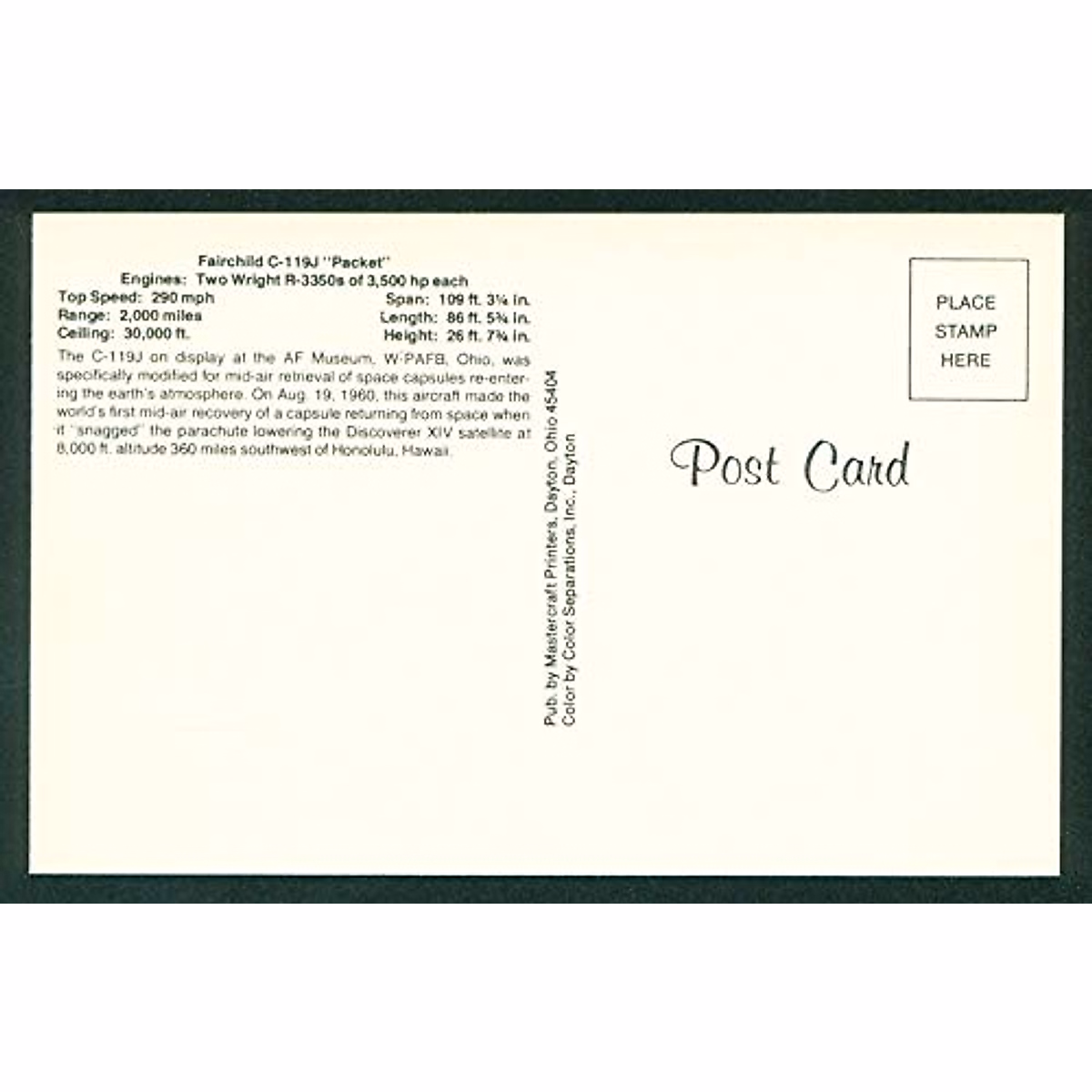 Fairchild C-119 Packet Space Capsule Retrieval Aircraft USAF Air Force Postcard