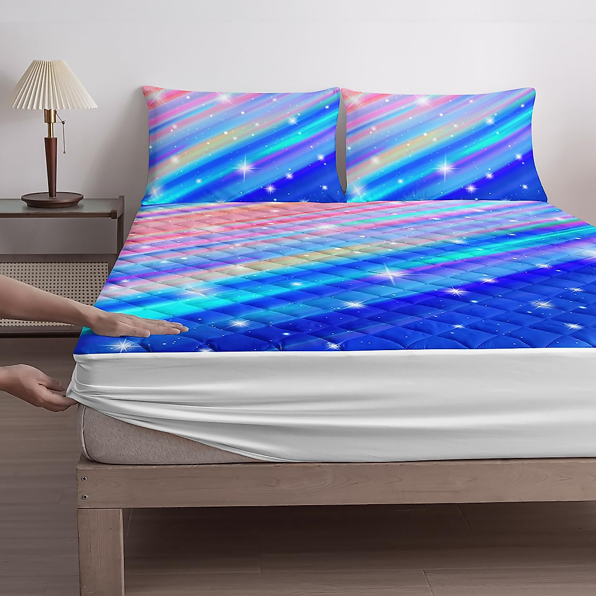 Blue Rainbow Glitter Twin Size Fitted Mattress Pad,Waterproof Fitted Sheet Set，Bedding Quilted Noiseless Mattress Protector Stretches up to 15 Inches Deep,Breathable Bed Mattress Cover 39x75 Inches