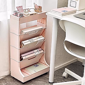 Rolling Book Shelf Organizer Mobile Book Shelf Cart 6 Tier Movable Bookshelf Cart Desk Side Cart for Office Dorm Classroom,Pink,5 Tier