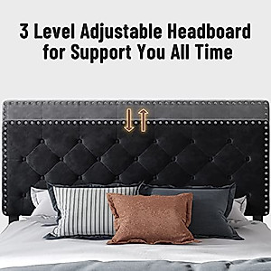 HOMBCK Upholstered Bed Frame Queen with Button Tufted Headboard, Queen Bed Frame No Box Spring Needed, Under Bed Storage, Wooden Slats Support, Noise-Free, Easy Assembly, Black