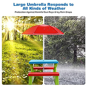 KOTEK Kids Picnic Table Set w/Removable Umbrella, Outdoor Party Table and Bench for Tea Time & Study, Brightly Colored Toddler Activity Table for Home, Kindergarten & Nursery (Red)
