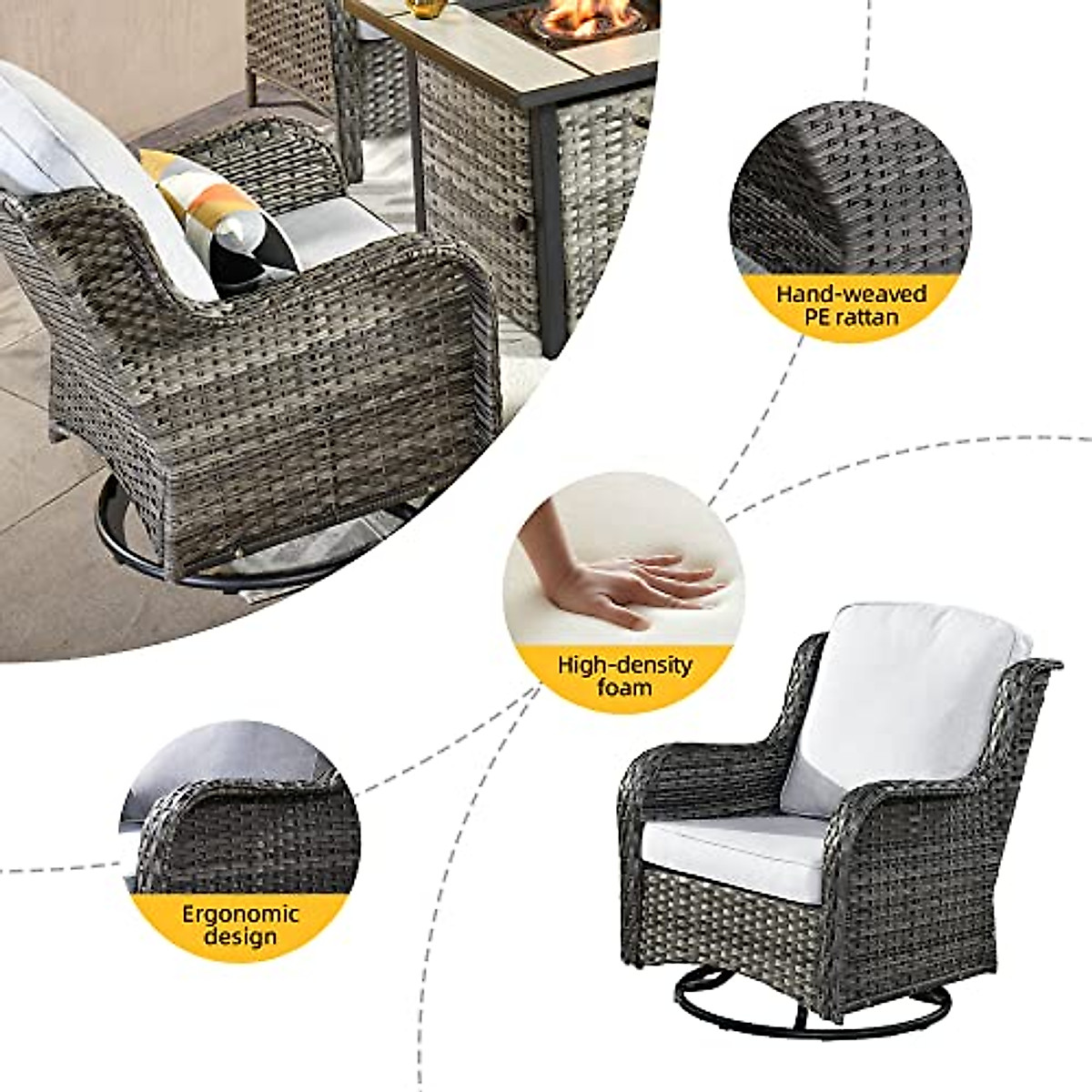 HOOOWOOO Outdoor Patio Furniture Set with Fire Pit Table,6 Pieces Outdoor Conversation Set with Swivel Rocking Chair,Firepit Table and Side Table,High Back Wicker Chairs Patio Set,Gray