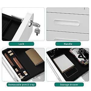 YITAHOME 3-Drawer Metal Mobile File Cabinet, Rolling Filing Cabinet with Lock, Filing Cabinet Under Desk fits Legal/A4 Size for Home/Office, Fully Assembled,White