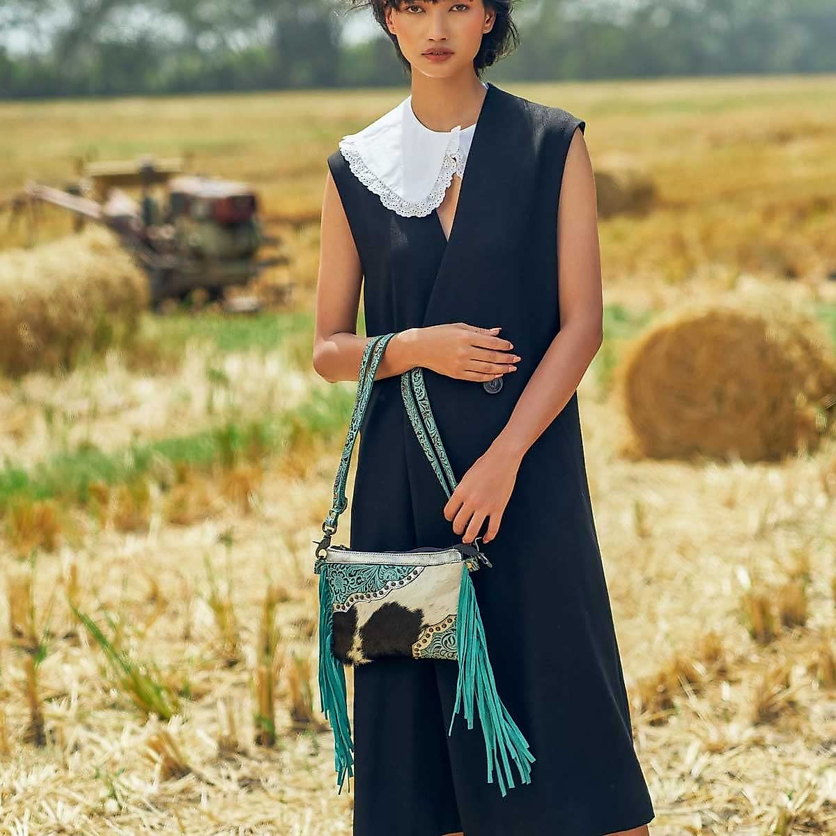 MB Genuine Leather Animal Print Silver Teal Turquoise Crossbody Bag with Fringe Women Stylish Ladies Fashion Designer