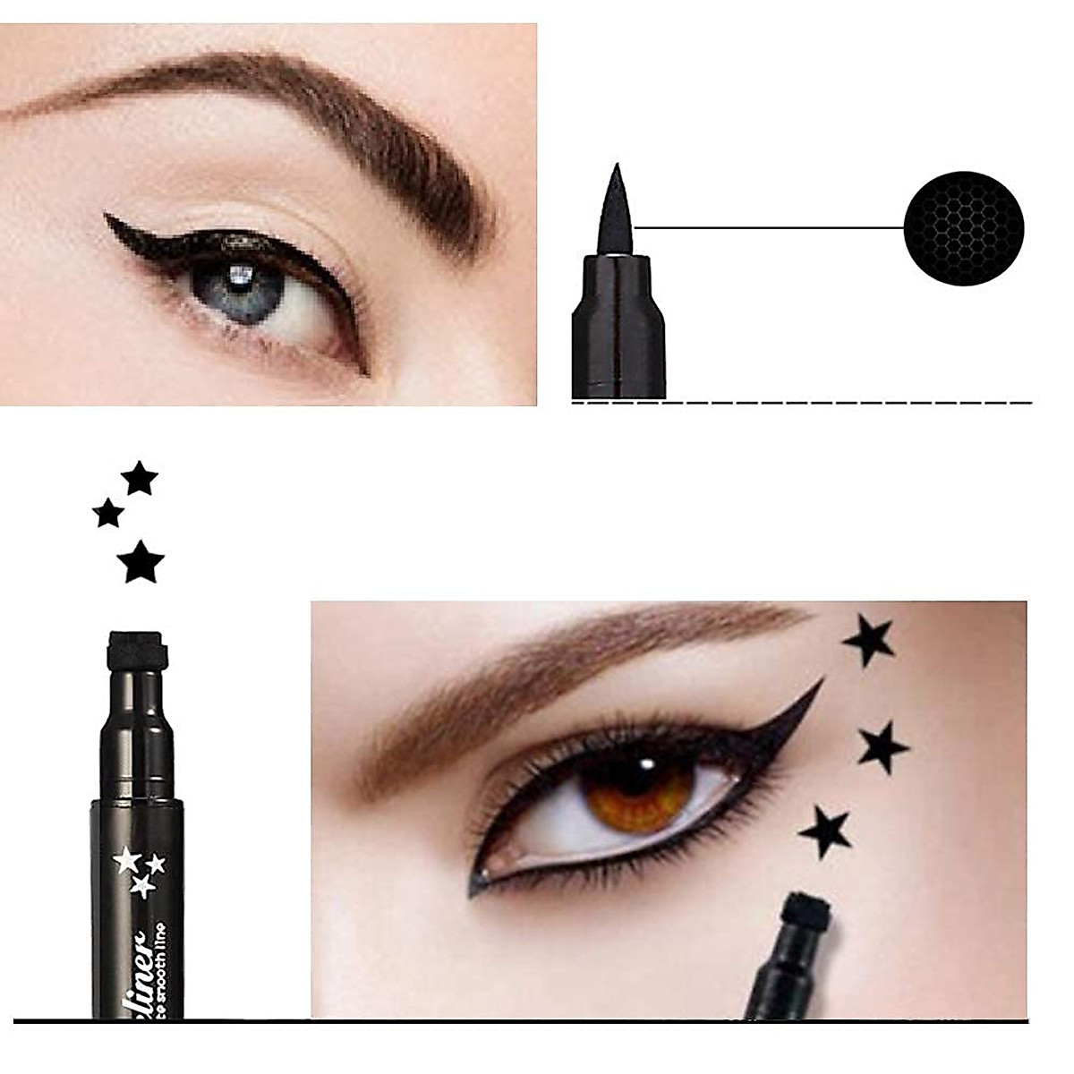 Pinkiou 2 in 1 Double-headed Liquid Eyeliner Pen Stamp Super Slim Gel Felt Tip High Pigment Black Waterproof Smudgeproof Long Lasting Tattoo Makeup Tool(Star)