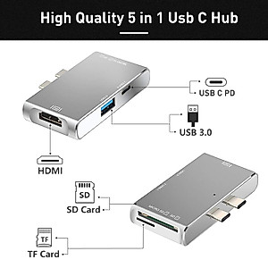 FLAGTOP 5 in 1 USB C Hub MacBook Pro, Multiple Ports USB 3.0, SD Card, Micro SD or TF Card Reader, Support 4K HDMI 60Hz, PD3.0/Thunderbolt, USB C Dongle Hub (YC-212)