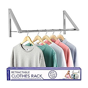 Double Foldable Clothing Rack w/ Extension Rod, Wall-Mounted Retractable Clothes Hanger for Laundry Dryer Room, Hanging Drying Rod, Small Collapsible Folding Garment Racks, Dorm Accessories (Chrome)