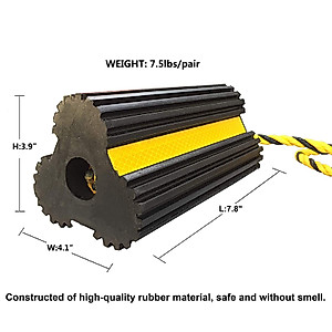HOXWELL Heavy Duty Rubber Dual Wheel Chocks, RV Non Slip Wheel Stoppers with Nylon Rope Yellow Reflective Tape, Wheel Block for Travel Trailers, Aircraft, Car, Camper, Truck 1 Pair