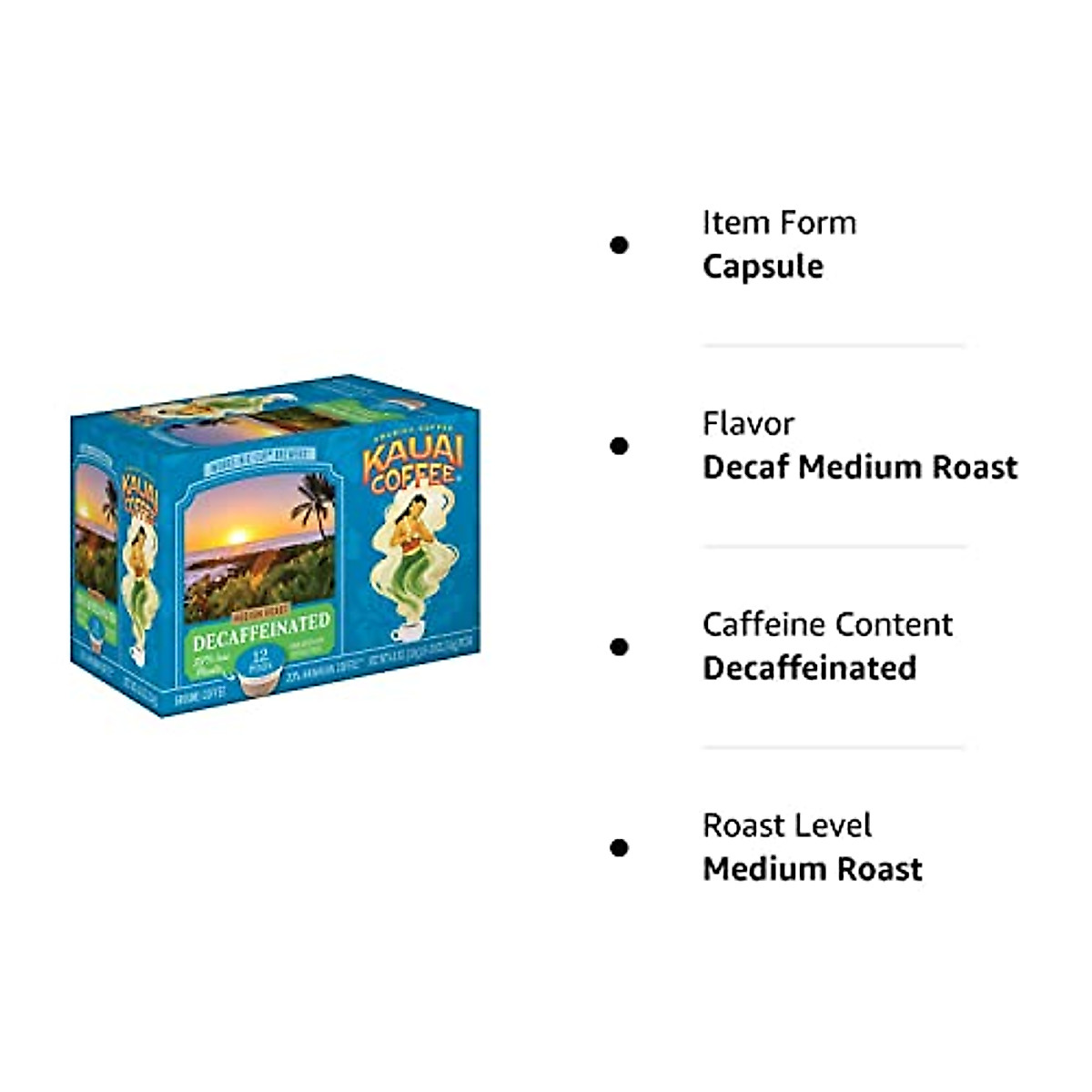 Kauai Coffee Decaf Medium Roast, Compatible with Keurig Pods K-Cup Brewers (1 Pack of 12 Single-Serve Cups)