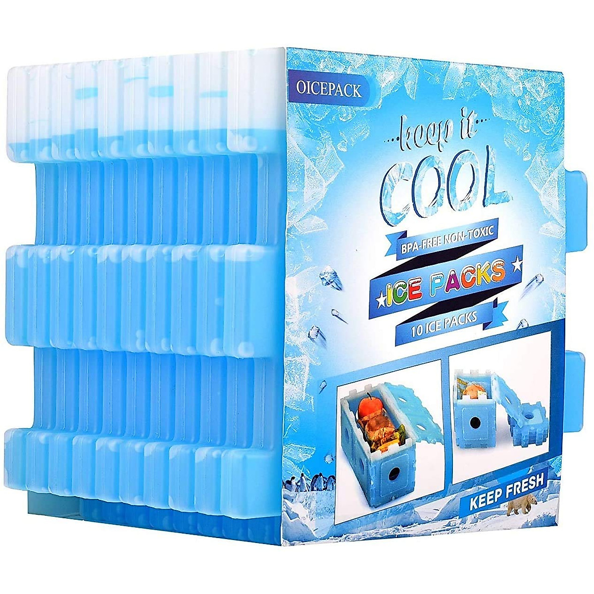 10 x Ice Packs for Lunch Box, Freezer Packs, Reusable Slim Cool Pack for Lunch Bags/Lunch Boxes/Office/Jobsite/Picnics/Camping/Beach, for All Ages Use, Set of 10, Blue