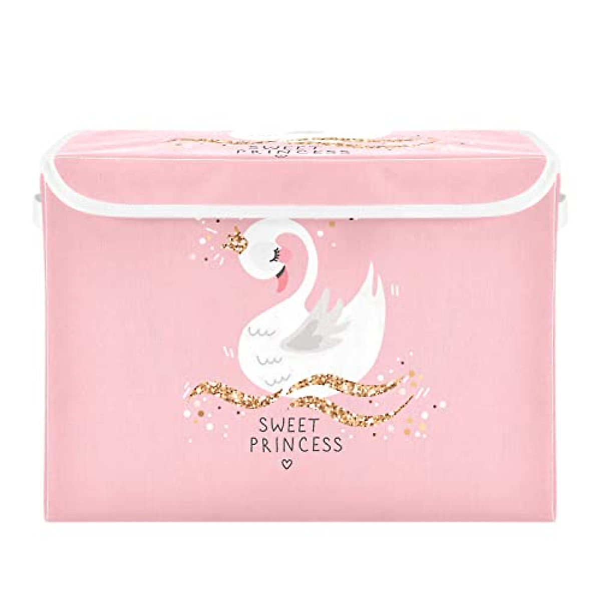 DOMIKING Sweet Princess Swan Pink Toy Storage Trunk with Lid Collapsible Storage Box Organizer with Handles for Bedroom Living Room Kid's Room