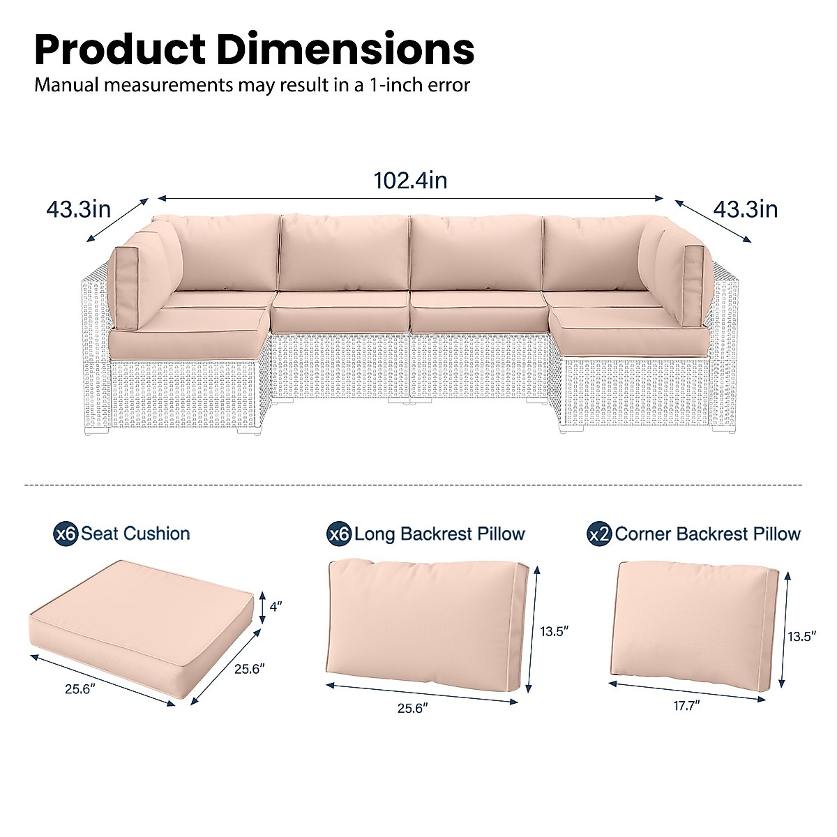 UDPATIO Outdoor Replacement Cushions for Patio Furniture, Water-Resistant Patio Cushions for 6-Seat Sectional Patio Conversation Sets, 14-Piece Outdoor Couch Cushions Patio Sofa Cushions (Beige)