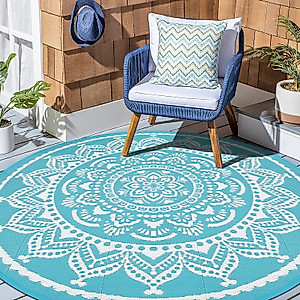 Bsmathom Round Outdoor Rug 6Ft for Patio Clearance, Reversible Outdoor Plastic Straw Camping Rug, Portable Washable Reversible Mats for Camping, RV, Picnic, Beach, Backyard, Pool Deck, Teal
