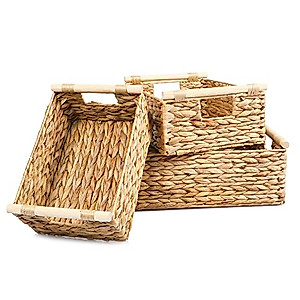 LaMorée Storage Baskets 3 PCS Hand Woven Natural Wicker Storage Bins Boxes with Wooden Handles Decorative Water Hyacinth Clothes Towel Food Container Organizer for Home Kitchen Laundry Room