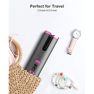 Curling Iron Automatic Cordless Hair Curler with 6 Temperature & Timer Settings, Portable Auto Shut-Off Rechargeable Curling Wand for Girls