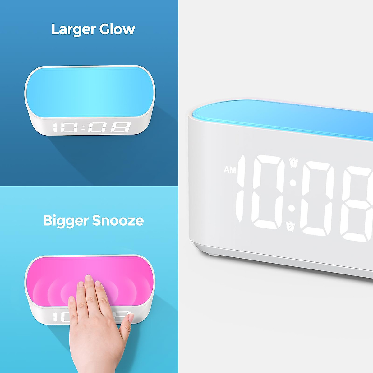 ONLAKE Alarm Clock for Bedrooms, Large Display Digital Clocks with 2 Alarms, 7 Color Larger Night Light, Battery Backup, Dimmer, Adjustable Volume, Easy Snooze (White)
