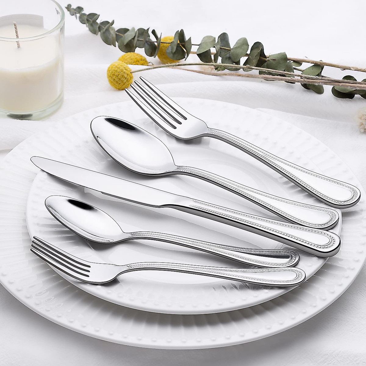 Terlulu 60 Piece Silverware Set for 12, Stainless Steel Flatware Set, Mirror Polished Cutlery Set Utensil Set, Tableware Include Forks Spoons Knives for Home Restaurant, Beaded Handle, Dishwasher Safe