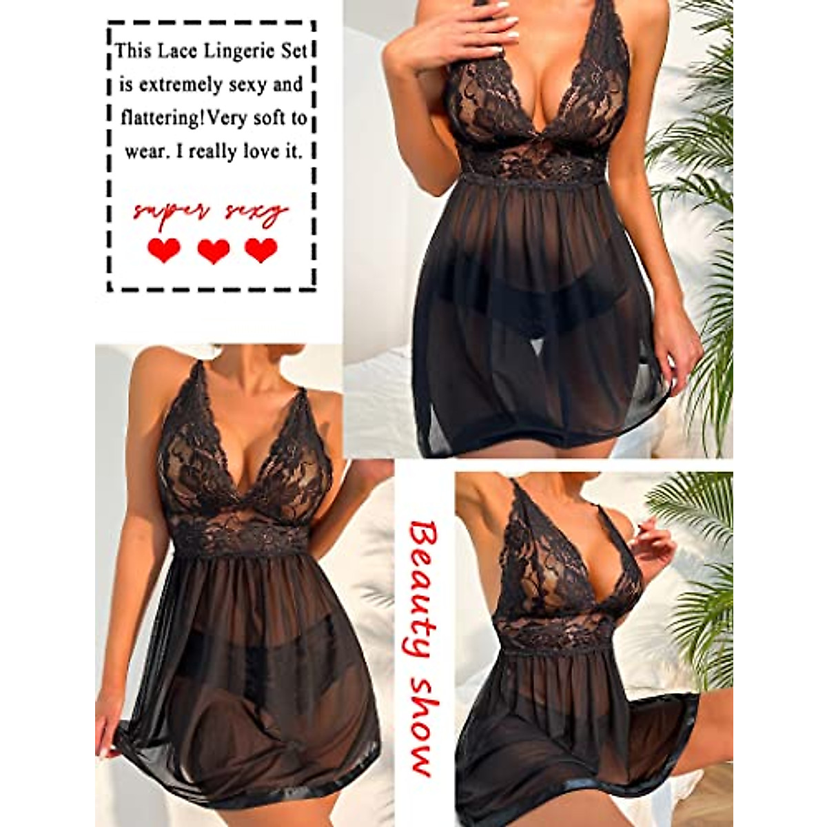 Avidlove Women V-neck Lace Babydoll Mesh Chemise Sleepwear Sexy Open Back Lingerie Black Medium