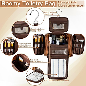 Elviros Travel Hanging Toiletry Bag for Women and Men, Large PU Leather Toiletries Organizer, Water-resistant Bathroom Shaving Kit for Cosmetics, Makeup Case (Large, Brown)