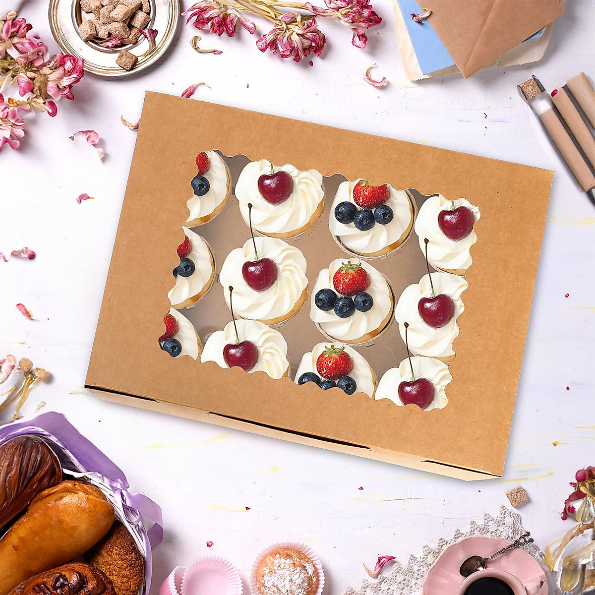 Jucoan 20 Pack Kraft Cupcake Boxes Containers with Clear Display Window, Brown Cake Trays Holder for Cookies, Muffins Pastries, Holding 12 Standard Cupcakes for Valentines Day Party