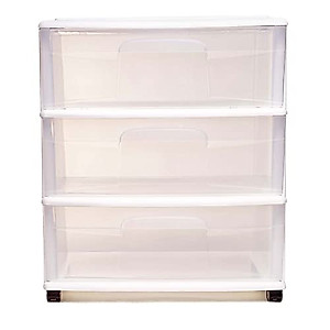 Homz Plastic 3 Clear Drawer Compact Home Rolling Storage Container Tower for Small to Medium Sized Items, White Frame (2 Pack)