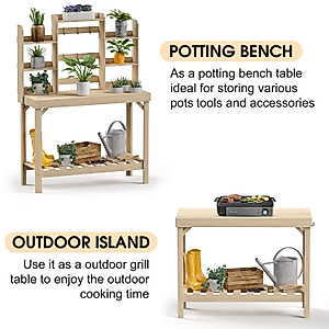 Highpro Outdoors Potting Benches Table, Garden Work Table Outside, Wooden Workstation Table with Storage Shelf