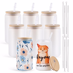 HTVRONT 8 PCS Sublimation Glass Cups Frosted -16oz Sublimation Glass Tumbler with Bamboo Lid - Sublimation Blanks for Painting, Sublimation and HTV Vinyl Crafts