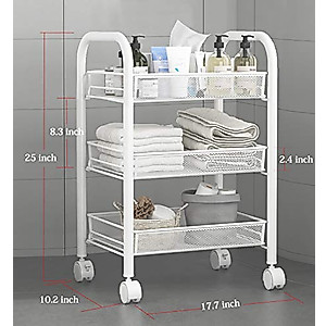Rolling Storage Cart 3-Tier Metal Mesh Basket Shelves Kitchen Organizer with Wheels(White)