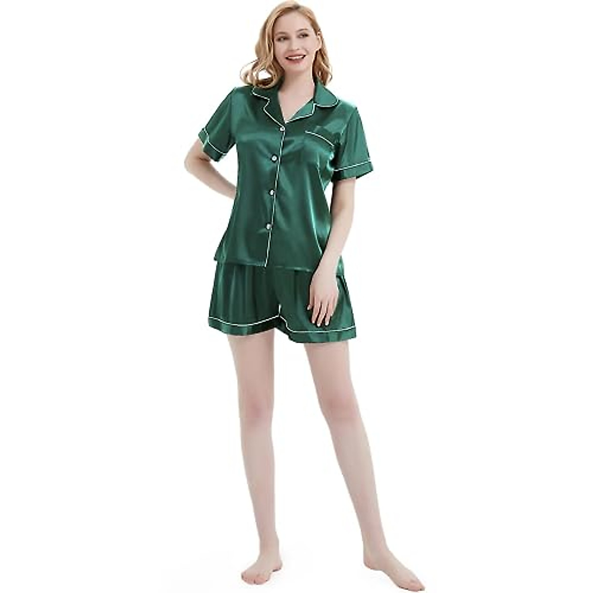 NANJUN Womens Silk Satin Pajamas Short Sleeve Sleepwear Bride Soft Button Down Loungewear 2 Piece Pjs Set XS-3XL(green,3xl)