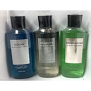 Bath and Body Works 3 Pack 2-in-1 Hair + Body Wash Freshwater, Graphite and Ocean. 10 Oz.