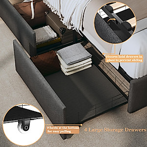 HUAHUU Queen Bed Frame with Storage Drawers, Upholstered LED Bed Frame Queen Size with Wingback Headboard, Platform Bed Frame with Storage, No Box Spring Needed, No-Noise, Easy Assembly