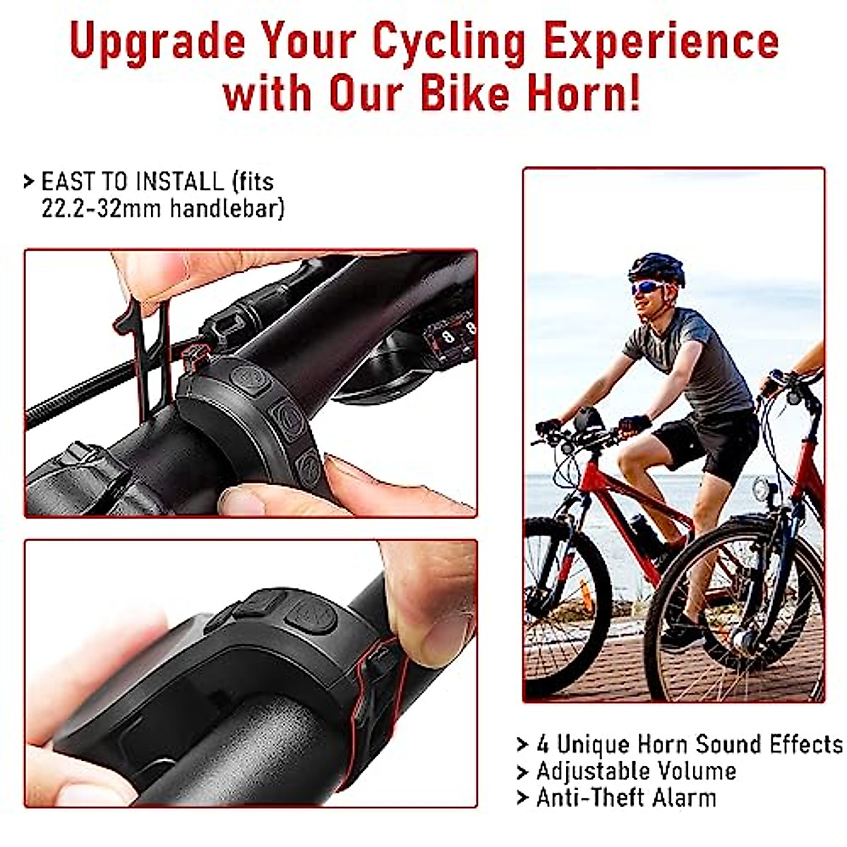 Upgraded in 2023-Electric Bike Horn with 4 Unique Ring Tones- Adjustable 80-130DB, USB Rechargeable, Waterproof Bicycle Accessories for Adults and Kids - Mountain Bike Bells Whistle