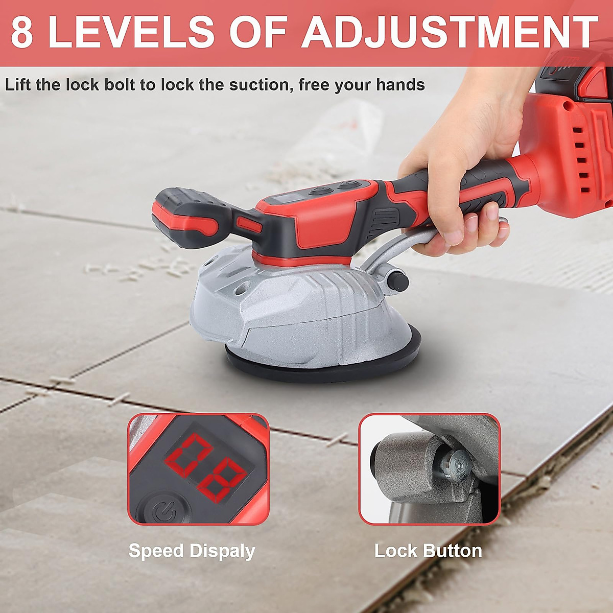 Tile Vibration Leveling Machine for Milwaukee M18 18V Battery, Cordless Tile Vibration Machine Installation Tool 150W Tiler Vibrator Tool with 8 Speed, Suction Cup, Digital Display (Tool only)