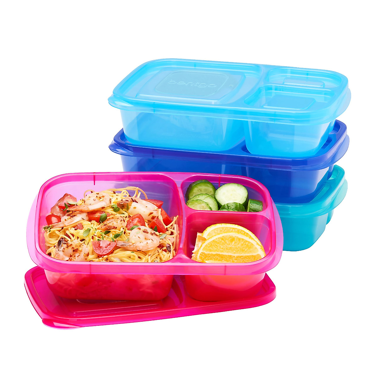 Bentgo Easyboxes - Original Stackable Lunch Boxes - Reusable 3-Compartment Food Containers for Kids and Adults - Bento Lunch Box for Meal Prep, School, & Work - BPA Free, Set of 4 (Jewel Brights)