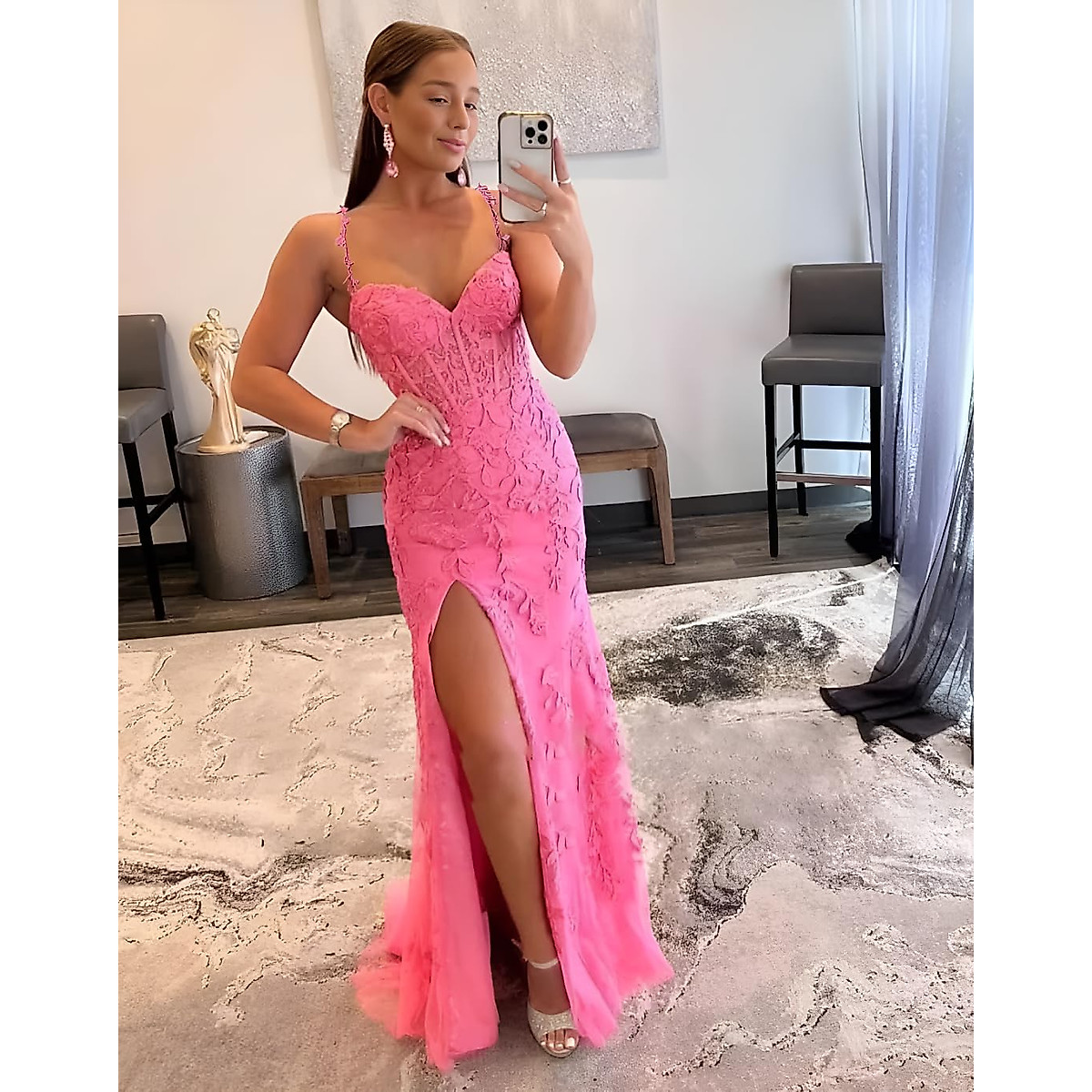 Lace Applique Mermaid Prom Dresses for Women 2024 Tulle Formal Evening Gowns for Women with Slit Long Elegant Evening Dresses Wisteria 8