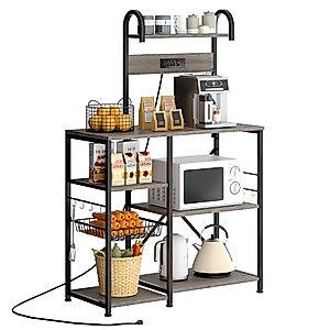 JAMFLY Bakers Rack with Power Outlet, Microwave Stand, kitchen Storage Shelf with 6 Hooks, Coffee Bar Station with Wire Basket, 6 Tier Kitchen Rack for Living Room, Spice, Pots and Pans Organizer